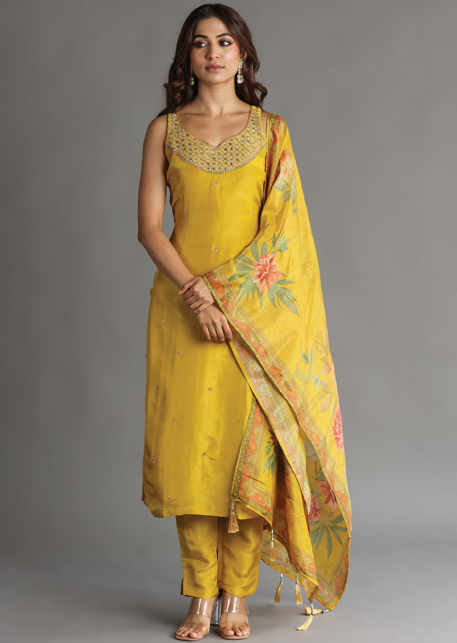 Yellow Tissue Silk Straight Cut Suit