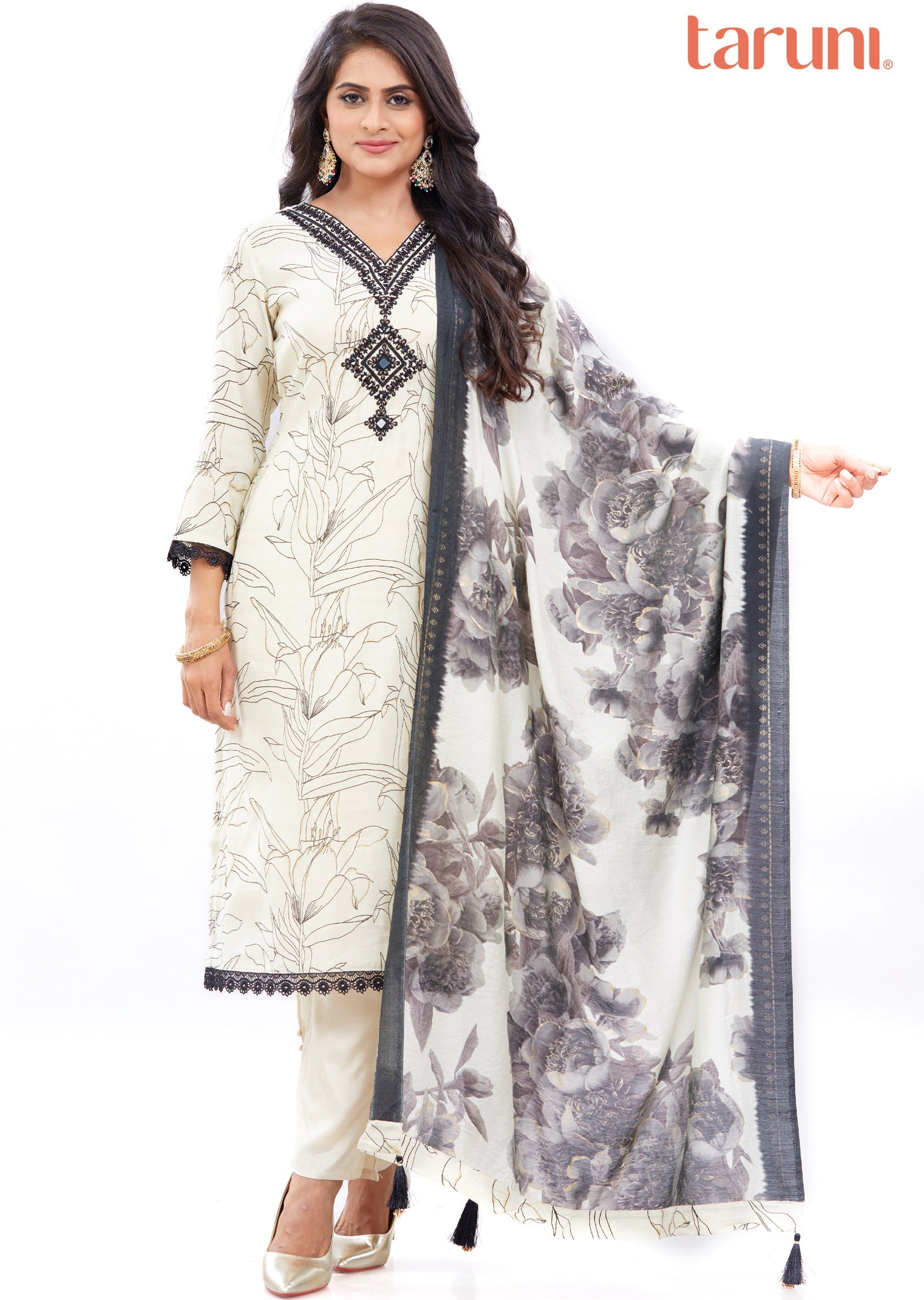 Beige & Black Muslin Kurti with Mirror Work